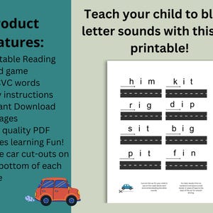 CVC Reading Game: Car-themed Phonics Practice (printable) - Etsy