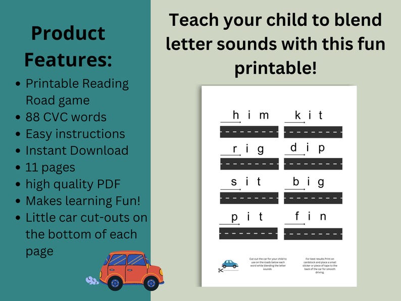 CVC Reading Game: Car-themed Phonics Practice (printable) - Etsy