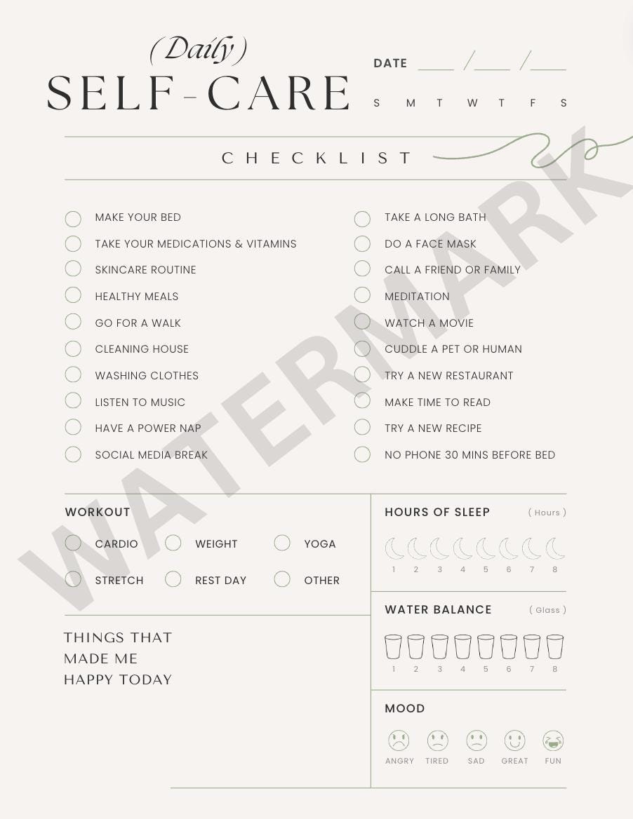 Self Care Checklist A4 L Digital Printout L Pink Daily Planner L ...