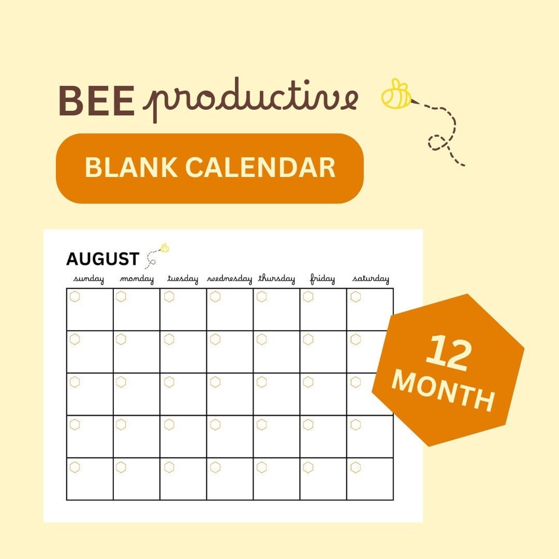 Bee-themed Calendar Blank Downloadable Printable Template 12-month 8 ...