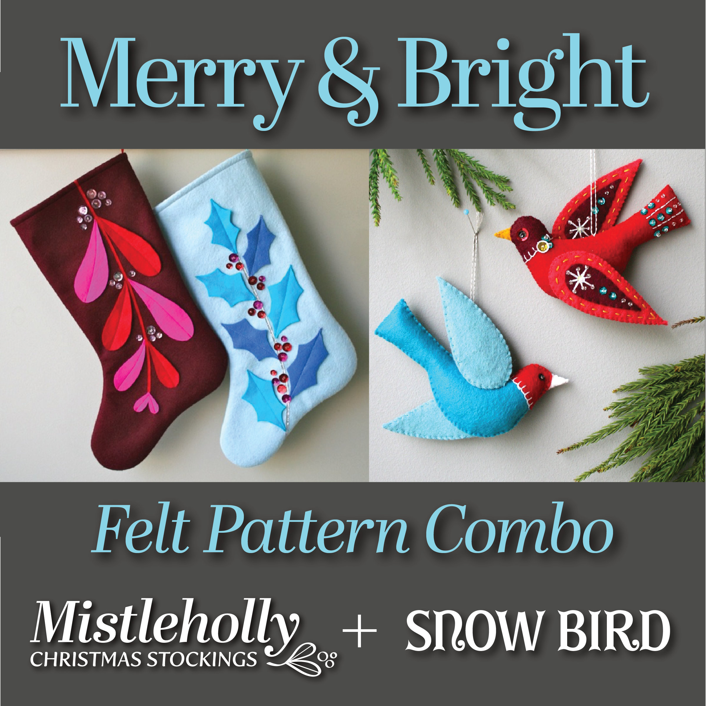 Merry & Bright PDF Pattern Combo for Wool Felt Christmas Stocking and ...