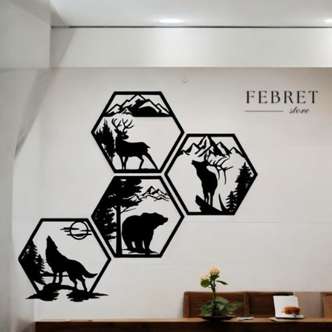 Hexagon Wilderness Animal Metal Wall Art Rustic Wildlife Decor Modern ...