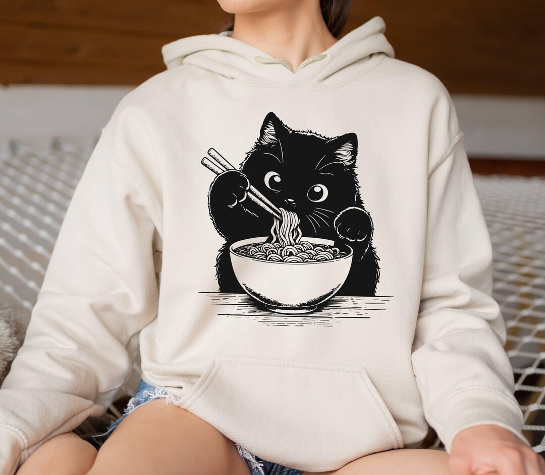 Noodle Cat Hoodie, Ramen Cat Hoodie, Black Cat Ramen Hoodie,funny Cat ...