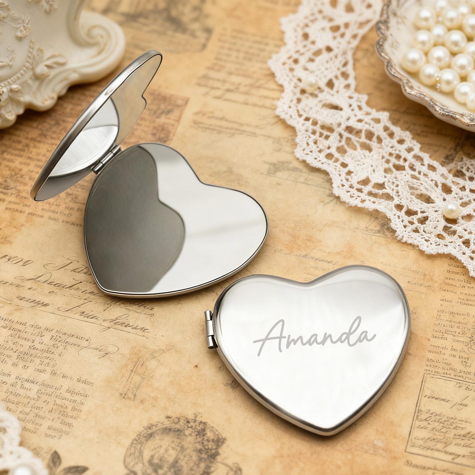 Personalized Engraved Silver Compact Mirror With Name, Custom Pocket ...