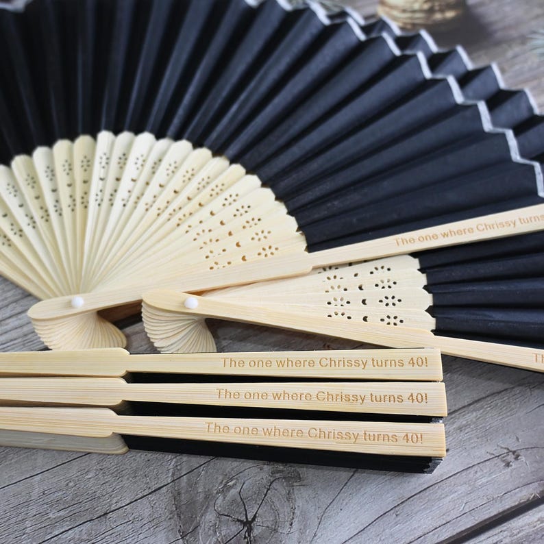 Personalized Black Fans Engraved Text, Silk Hand Fans for Guests ...
