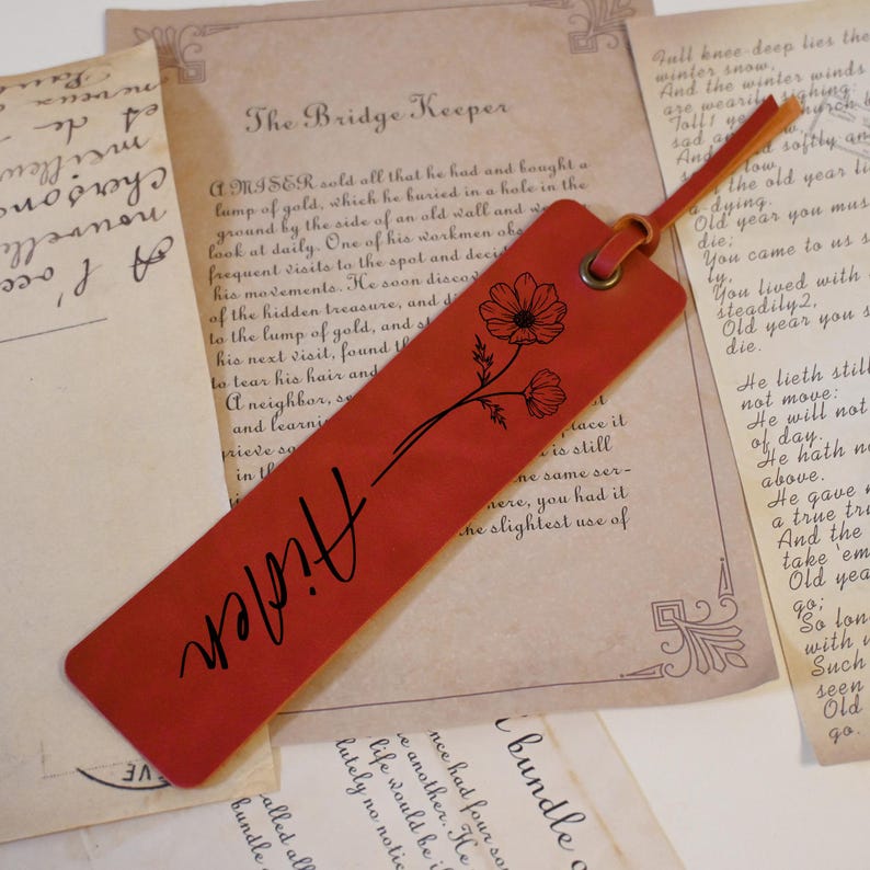 Personalized Leather Bookmark With Birth Flower & Name | Custom ...