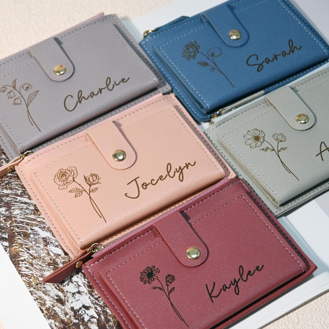 Personalized Leather Wallet for Girls Women, Custom Birth Flower Wallet ...