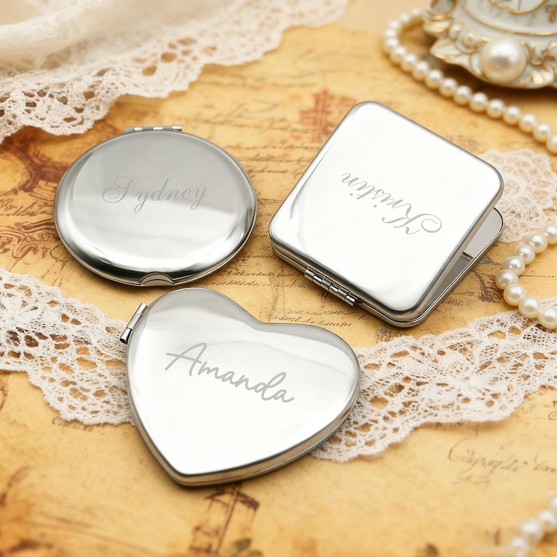 Personalized Engraved Silver Compact Mirror With Name, Custom Pocket ...