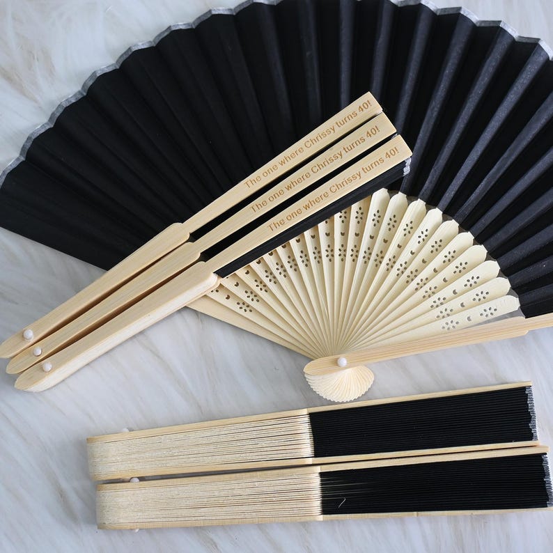 Personalized Black Fans Engraved Text, Silk Hand Fans for Guests ...
