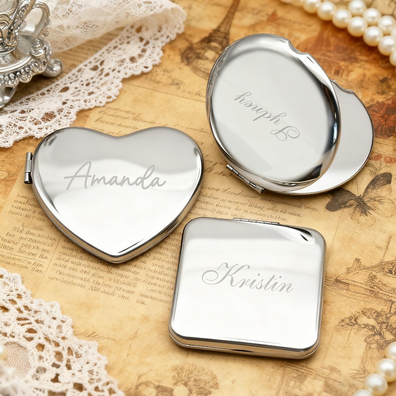 Personalized Engraved Silver Compact Mirror With Name, Custom Pocket ...