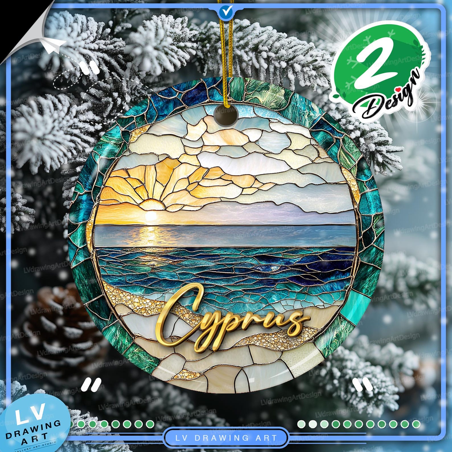 Cyprus Sphere Ornament: Faux Stained Glass Style Ceramic Christmas ...