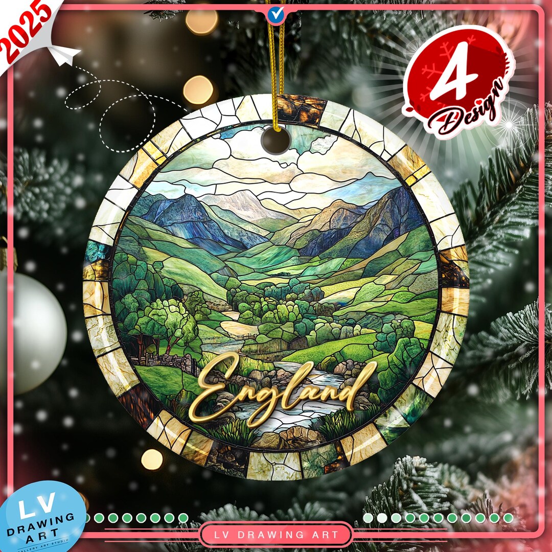 England Ornament, Stained Glass Style Ceramic UK Christmas Bauble ...