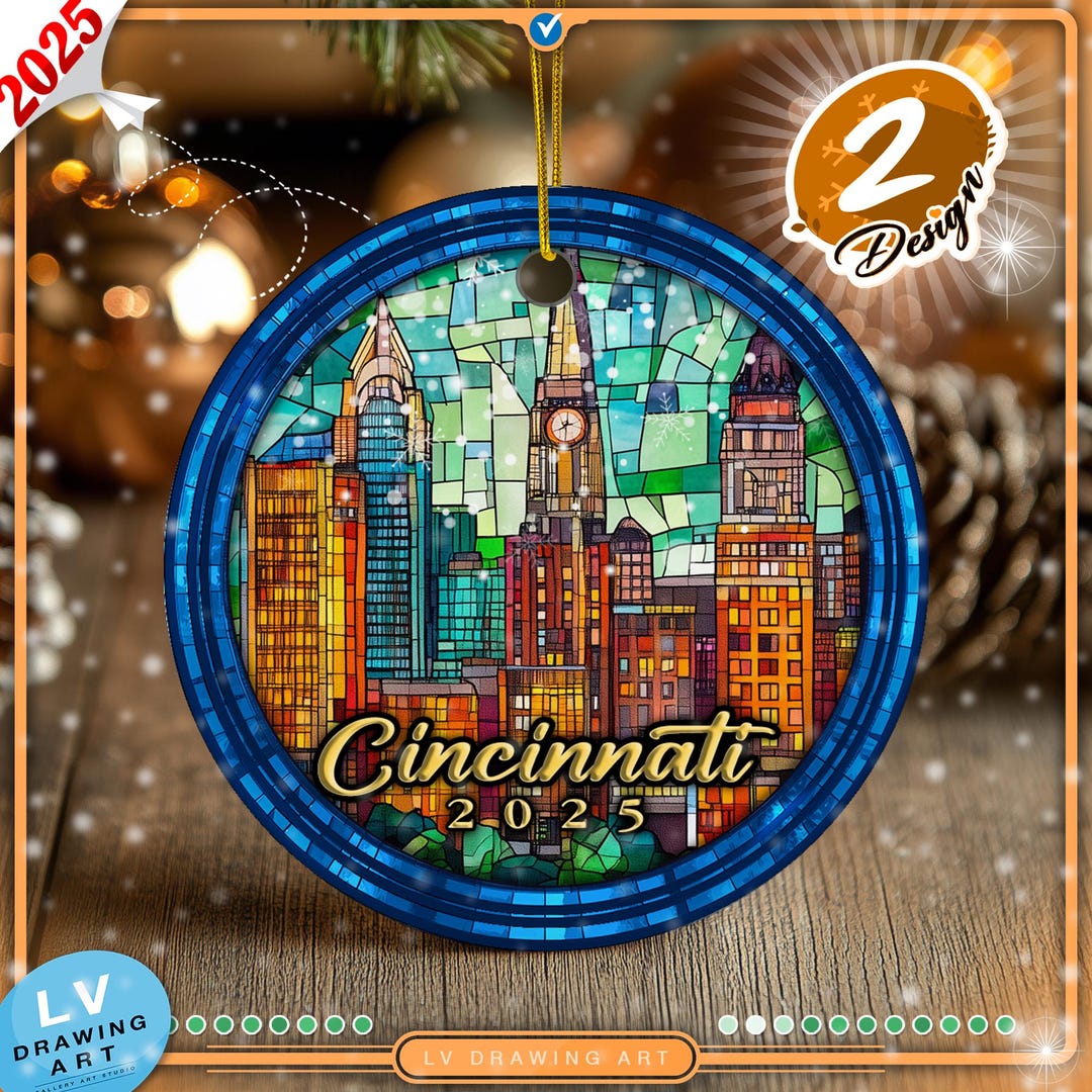 Cincinnati Christmas Ornament, Faux Stained Glass Bauble, Ohio Souvenir ...