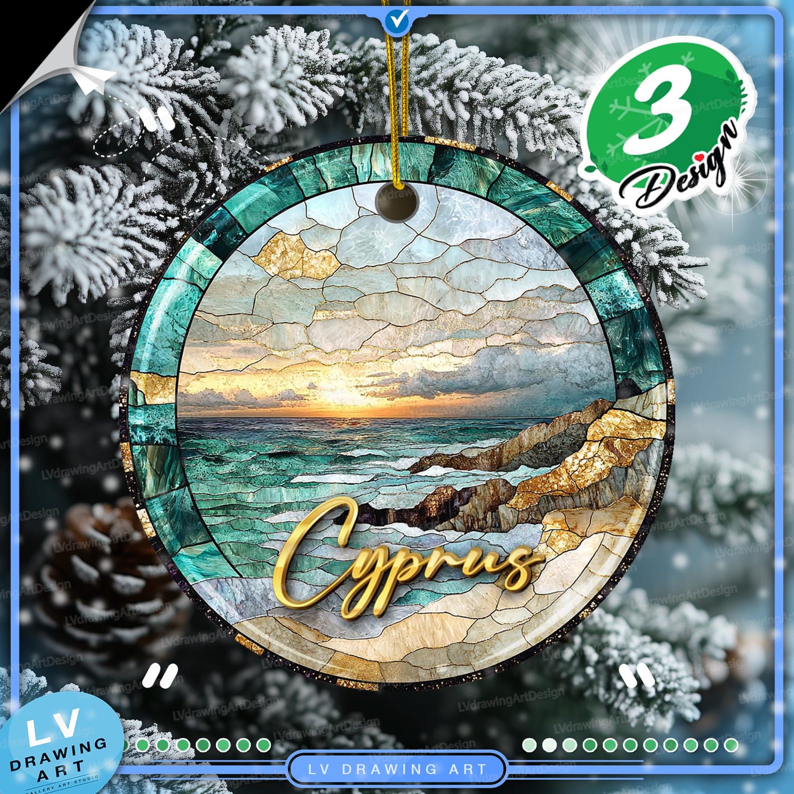 Cyprus Sphere Ornament: Faux Stained Glass Style Ceramic Christmas ...
