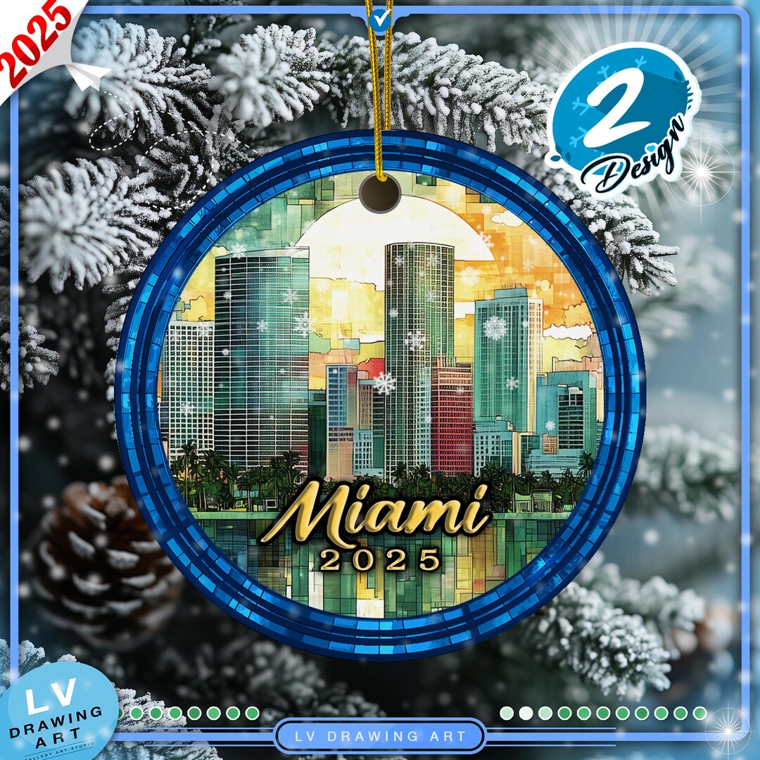 Miami Skyline Ceramic Ornament: South Florida Travel Souvenir, Stained ...
