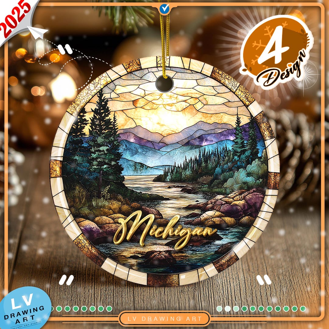 Michigan Ornament Faux Stained Glass, Michigan State Gift, Ceramic ...