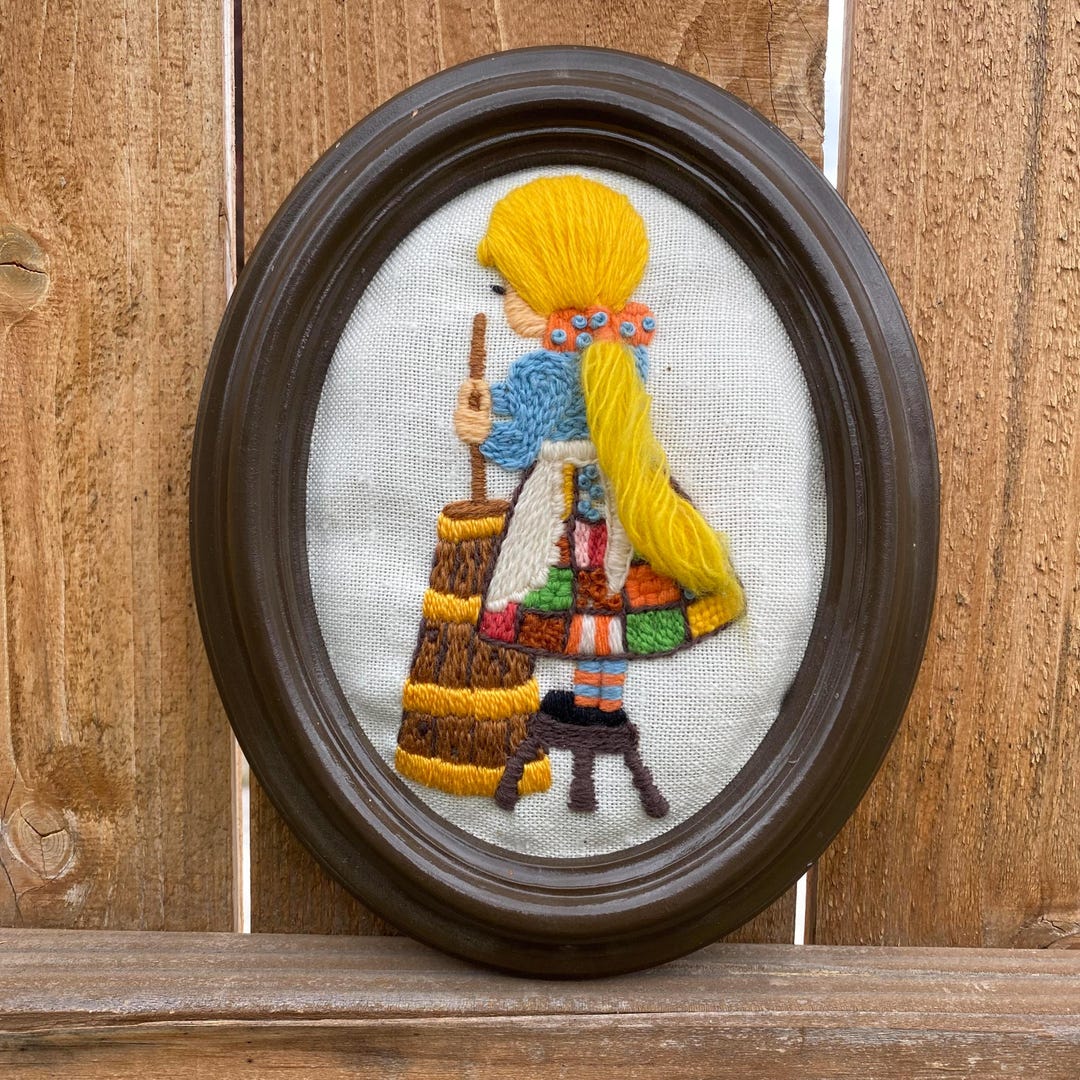 Vintage Finished Little Butter-churning Girl Crewel Embroidery in ...