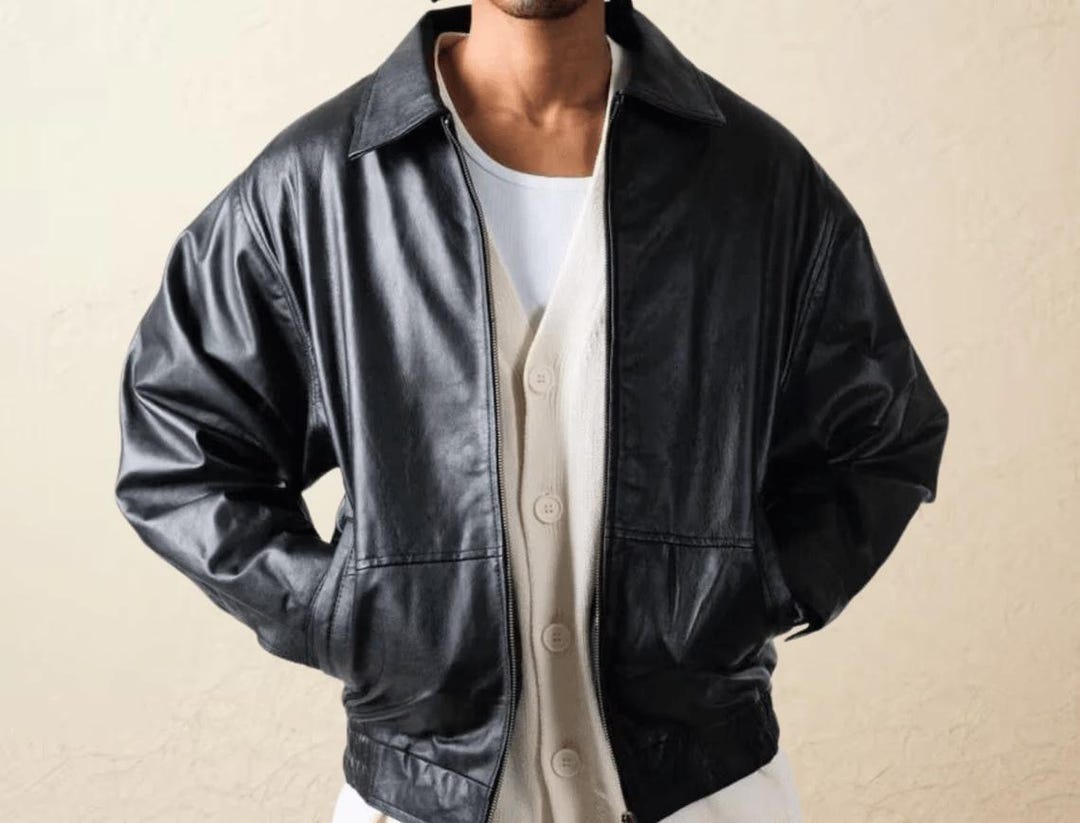 90's Leather Jacket Oversize, Black Leather Oversized Jacket for Men ...