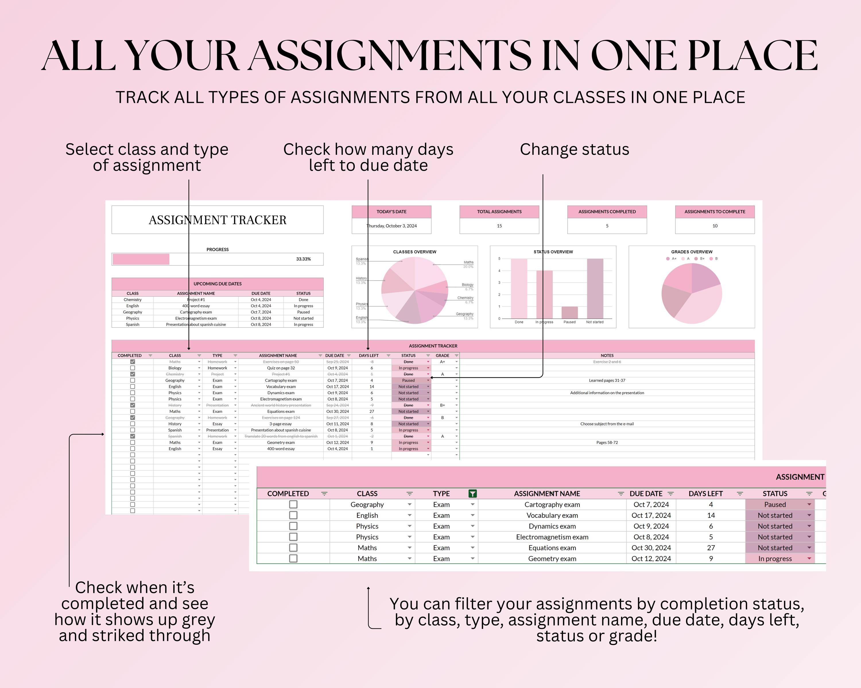 Simple Student Planner Spreadsheet, Assignment Tracker Google Sheets ...