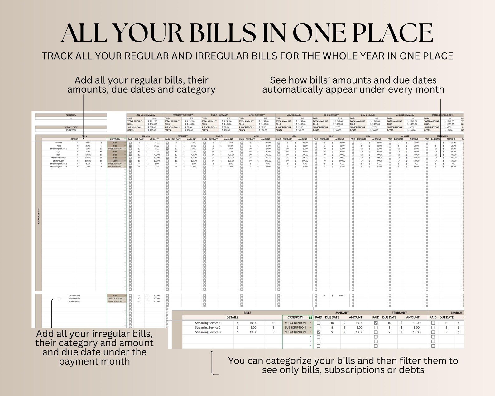 Bill Tracker Spreadsheet, Bill Calendar Google Sheets, Bill Planner ...
