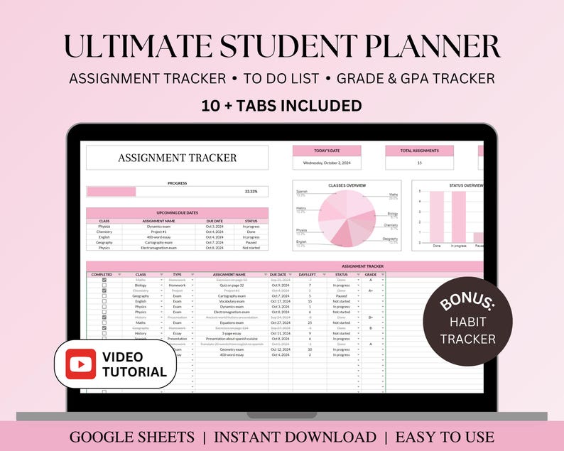 Ultimate Student Planner Spreadsheet, Assignment Tracker Google Sheets ...