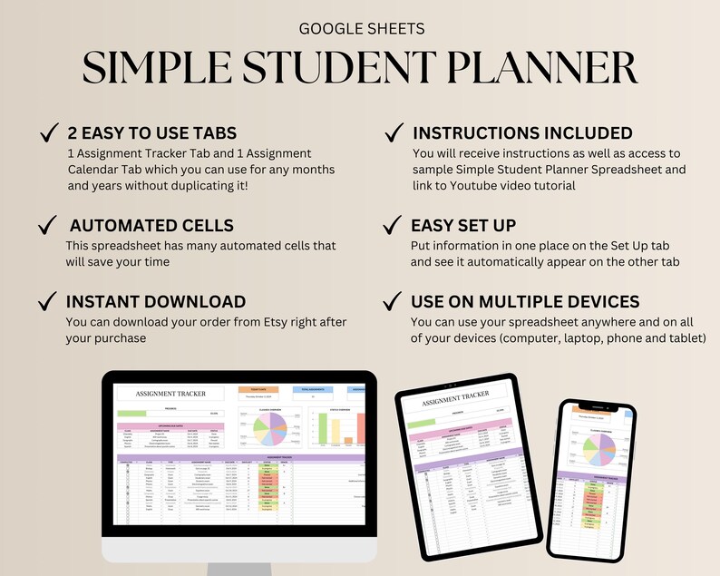 Simple Student Planner Spreadsheet, Assignment Tracker Google Sheets ...
