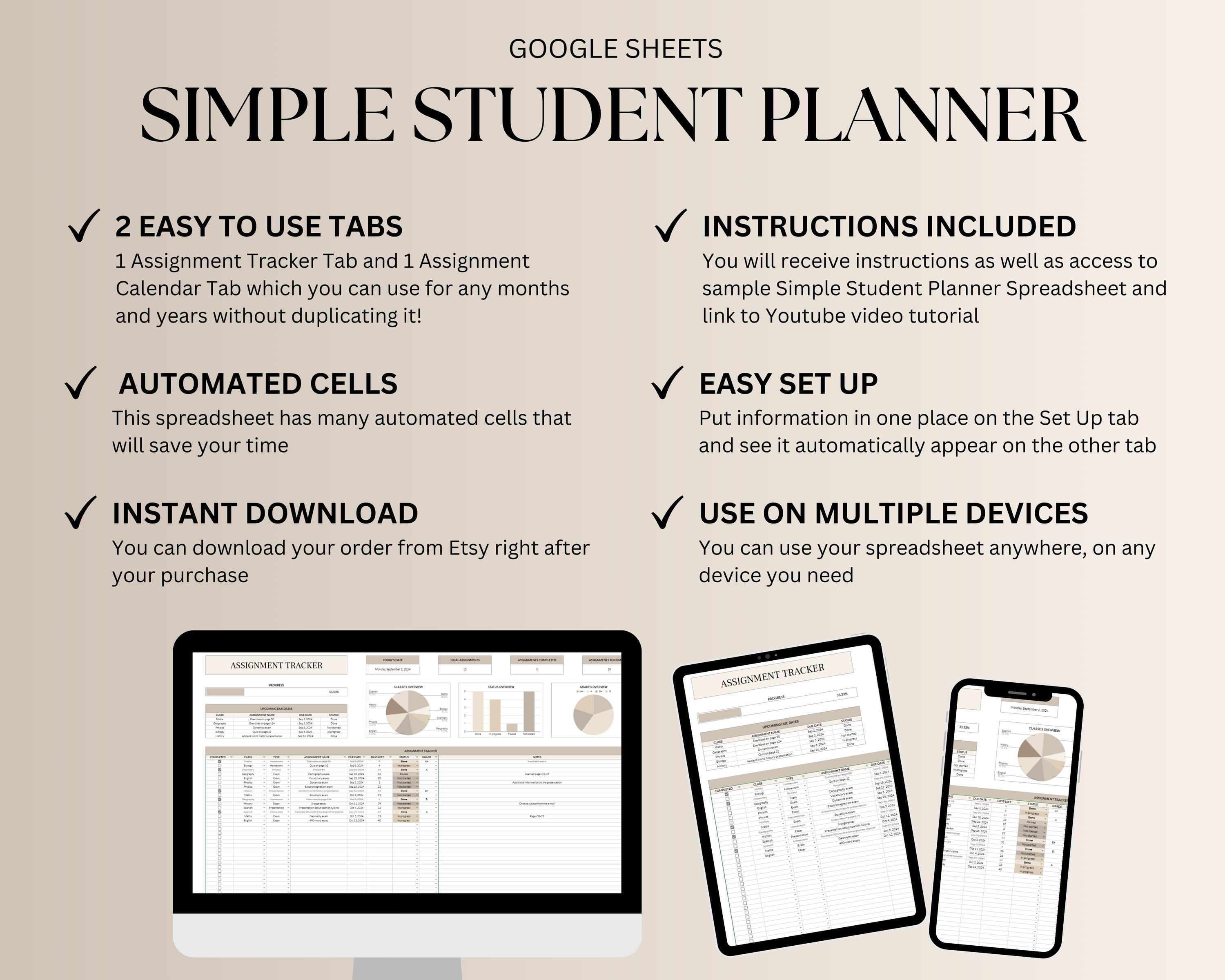 Simple Student Planner Spreadsheet, Assignment Tracker Google Sheets ...