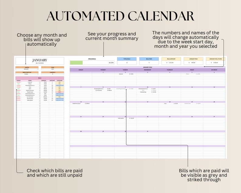 Bill Tracker Spreadsheet, Bill Calendar Google Sheets, Bill Planner ...