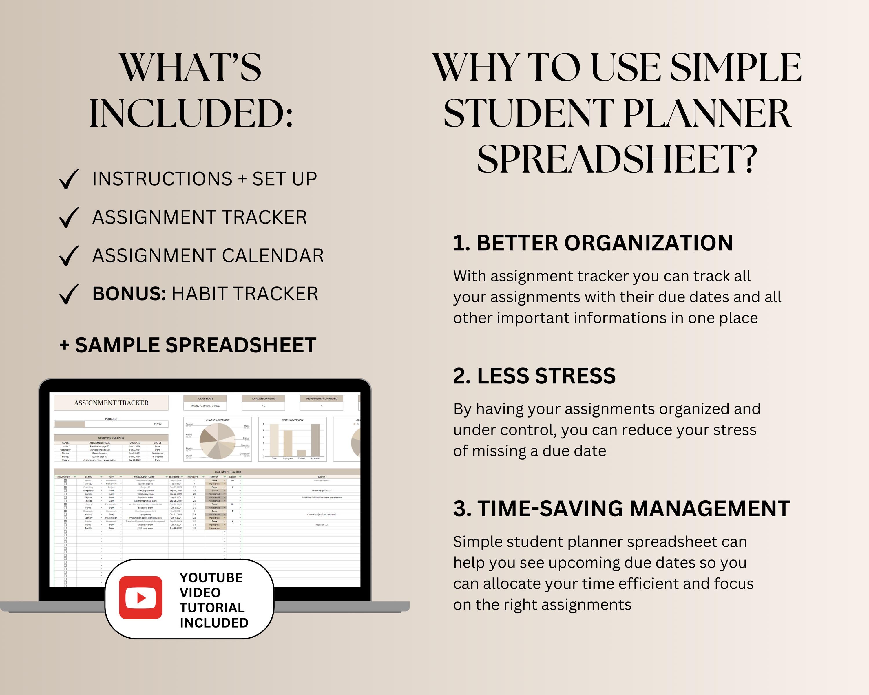 Simple Student Planner Spreadsheet, Assignment Tracker Google Sheets ...