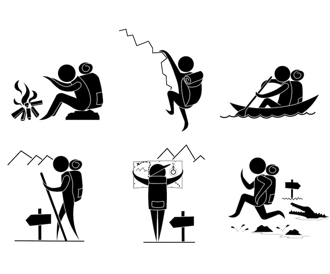 Hiking Stick Figure SVG Bundle | Hiking With Backpack, Jumping Stream ...