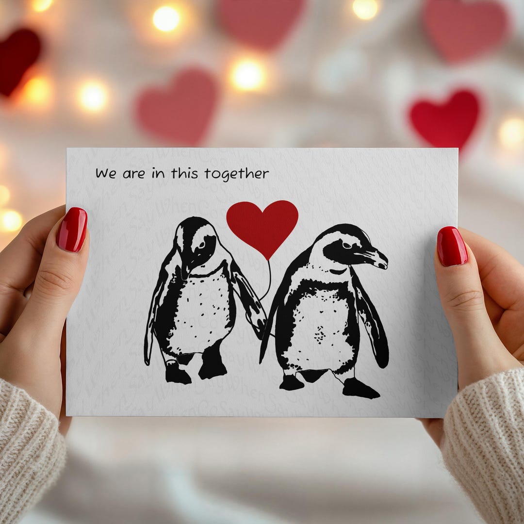 Penguin Couple Valentine's Day Card W/ Red Heart Balloon - We Are in ...