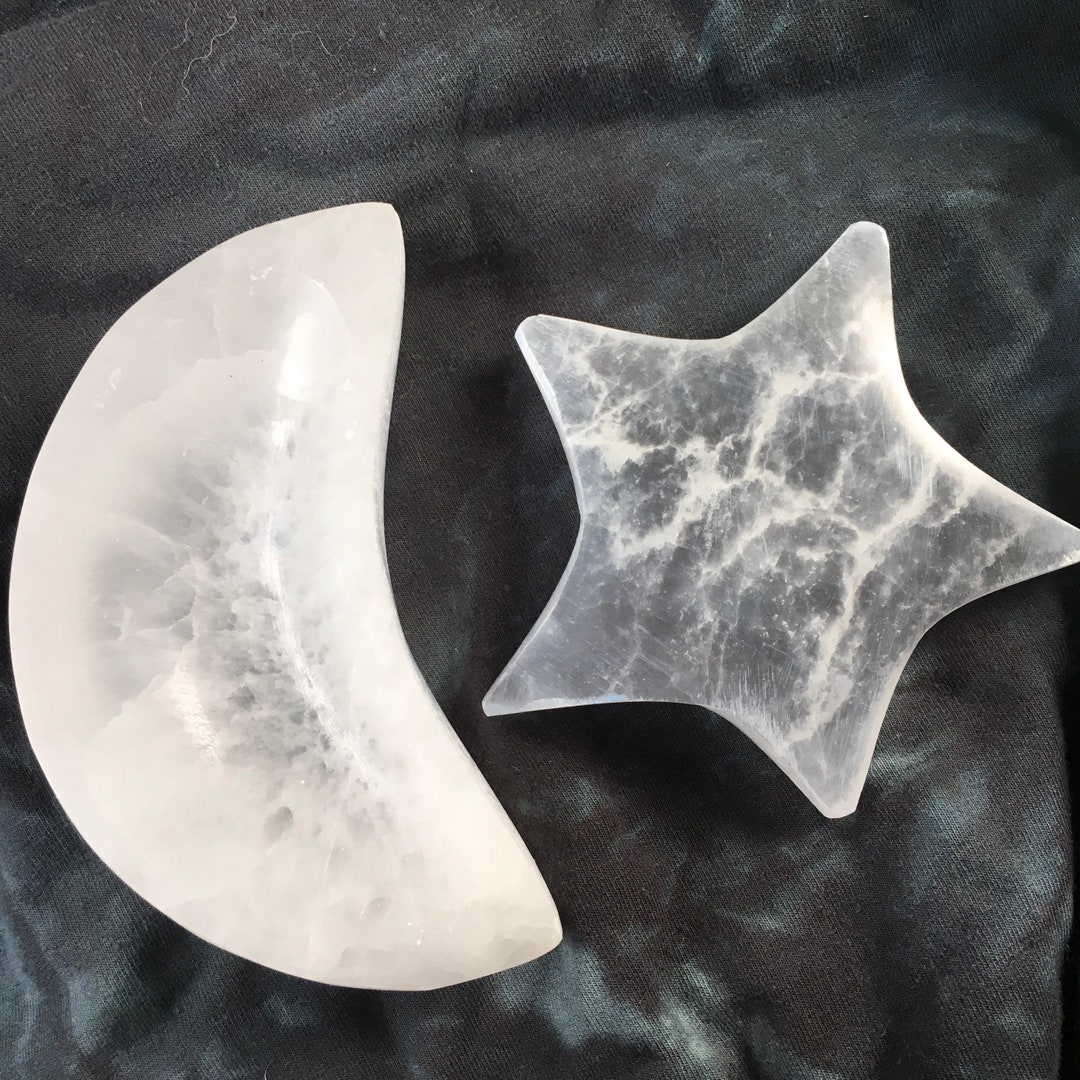 Selenite Carved Star & Moon From Morocco ~ Satin Spar Selenite Polished ...