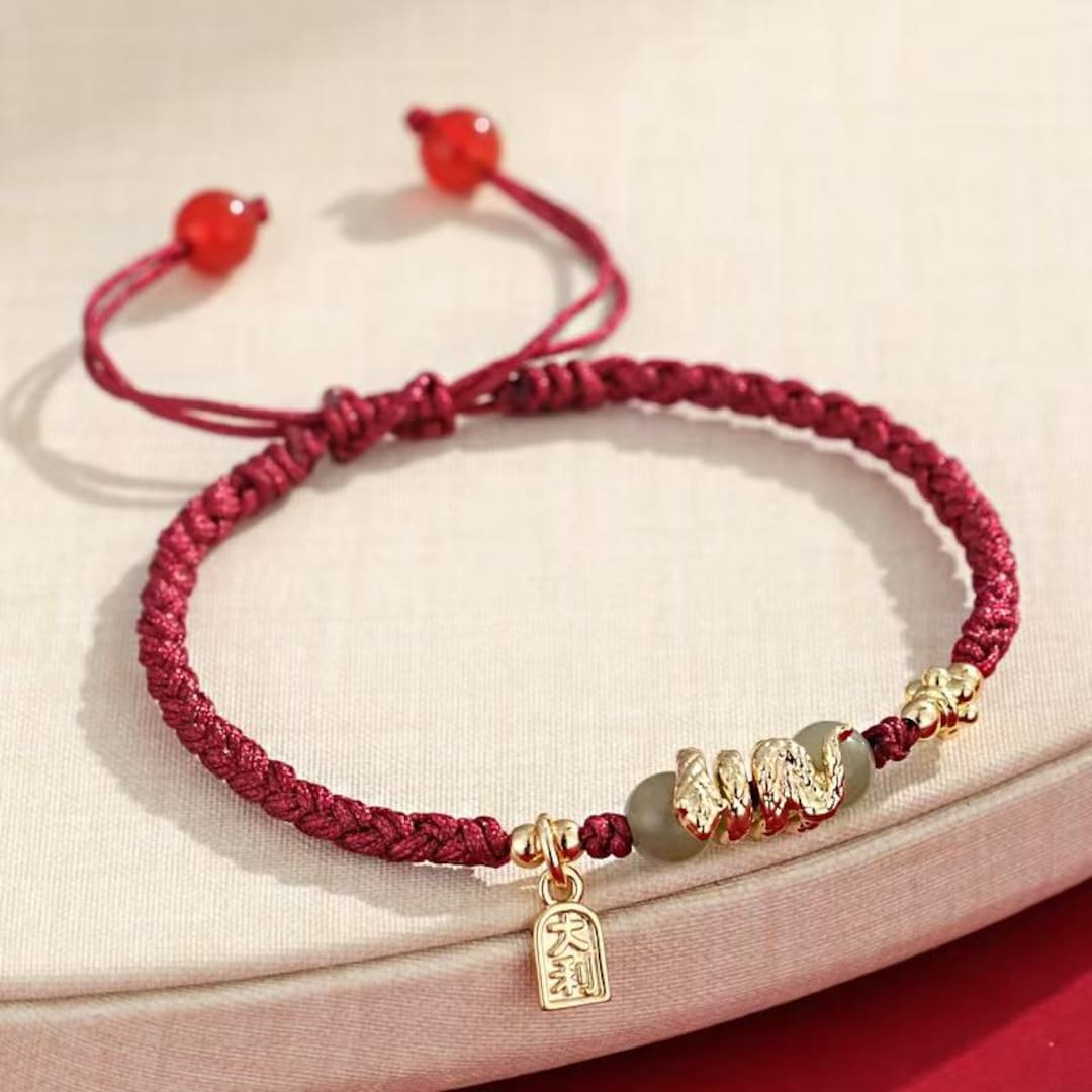 Year of the Snake Jade Bracelet: Gold Charm, Red String, Lunar New Year ...