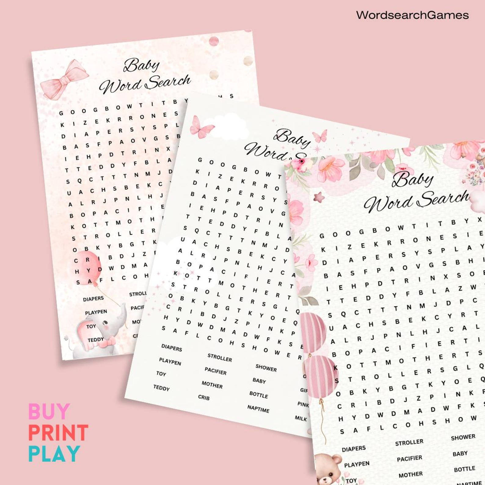 Baby Shower Word Search Baby Girl Themed Baby Shower Game Download ...