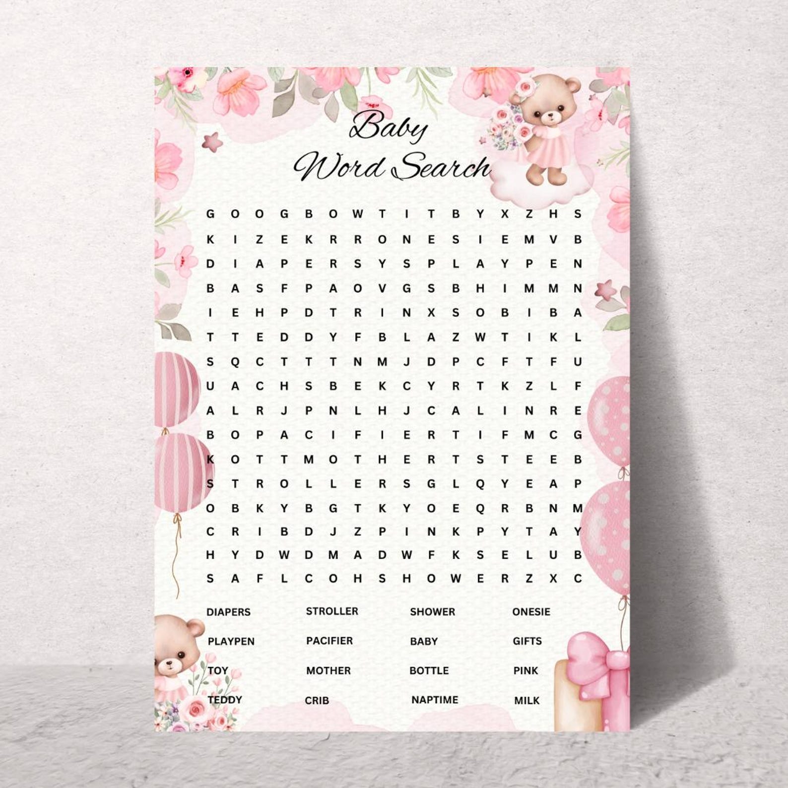 Baby Shower Word Search Baby Girl Themed Baby Shower Game Download ...