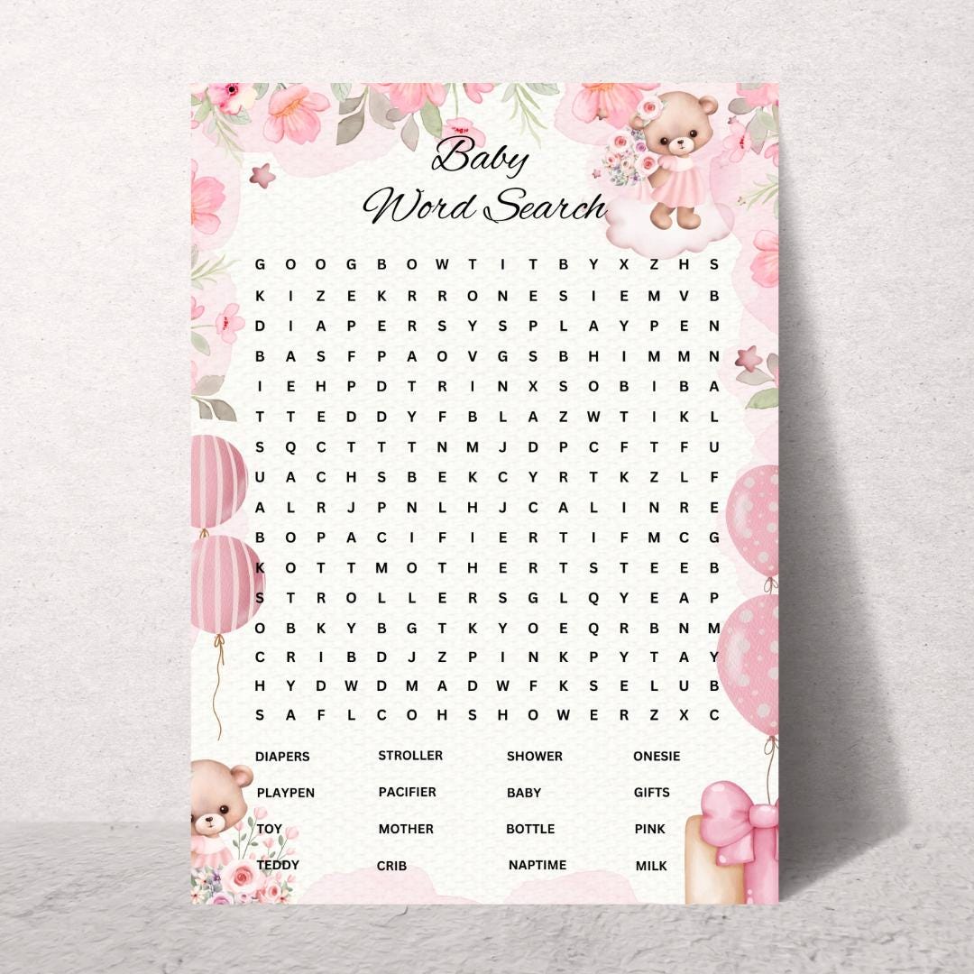 Baby Shower Word Search Baby Girl Themed Baby Shower Game Download ...