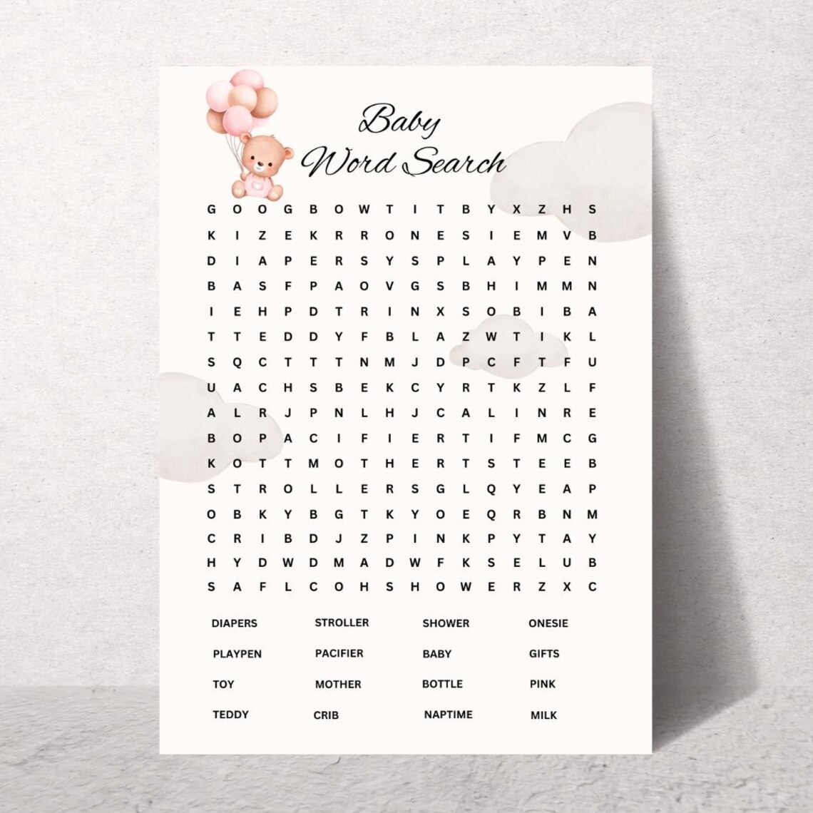 Baby Shower Word Search Baby Girl Themed Baby Shower Game Download ...