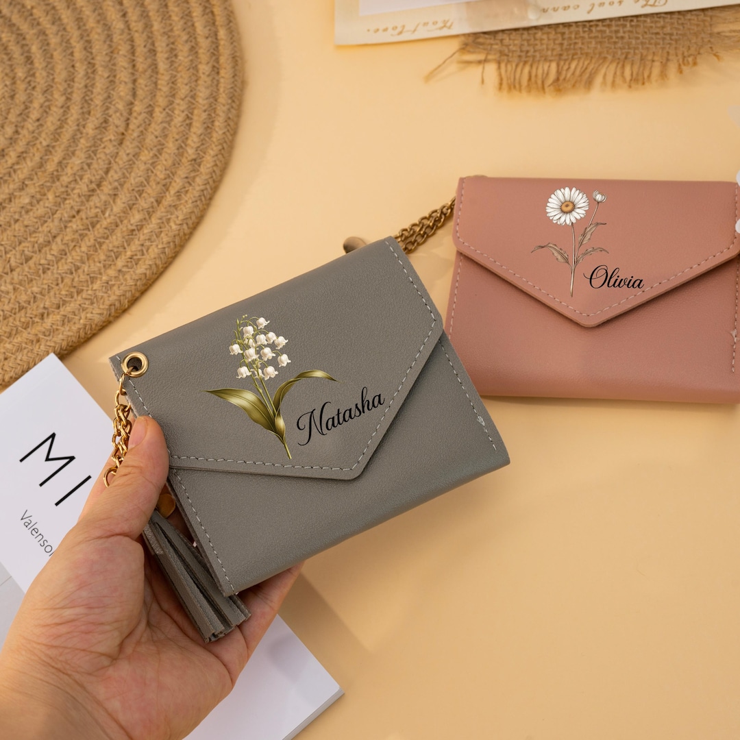Personalized Birth Flower Leather Wallet With Name,leather Coin Purse ...