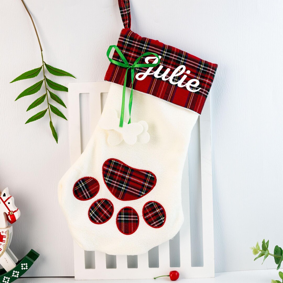 Dog Paw Christmas Stockings With Name, Personalized Pet Paw Christmas Stockings, Plaid Pet ...