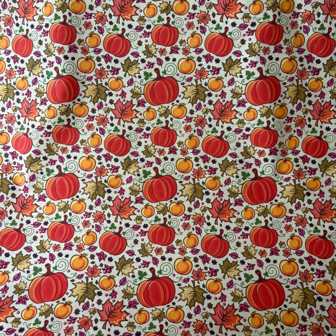 Hello Fall Cream Pumpkin and Leaves Fabric by the Yard, Bright Fall ...