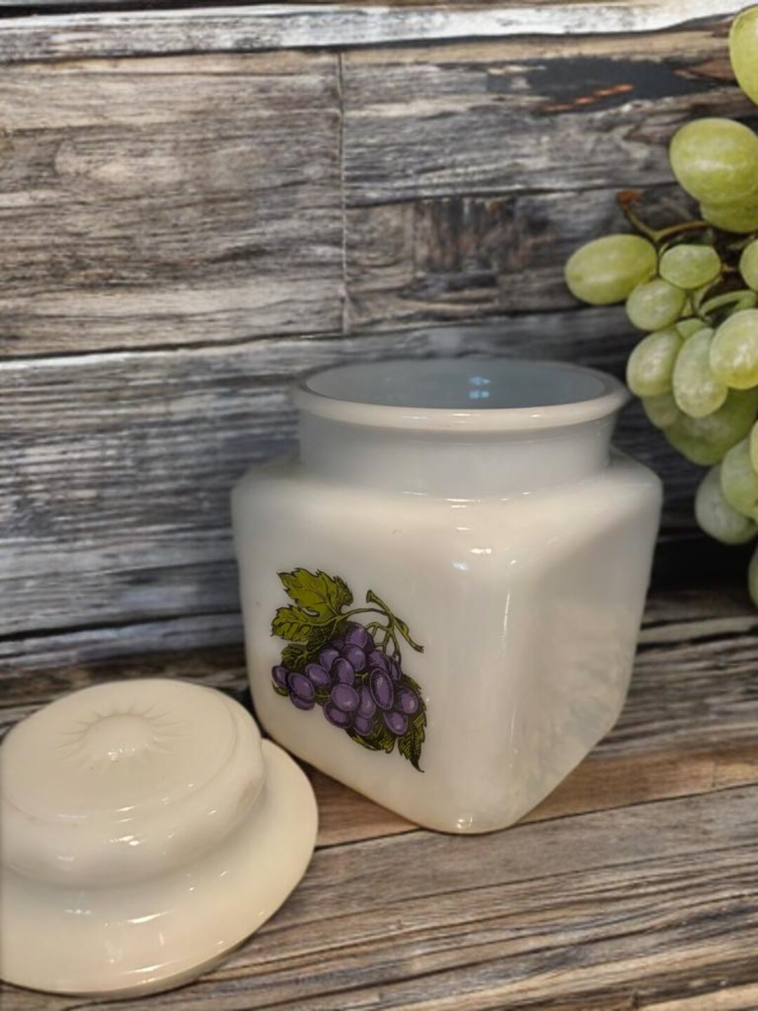 Vintage Milk Glass Canister With Grape Design and Sunburst Lid - Etsy