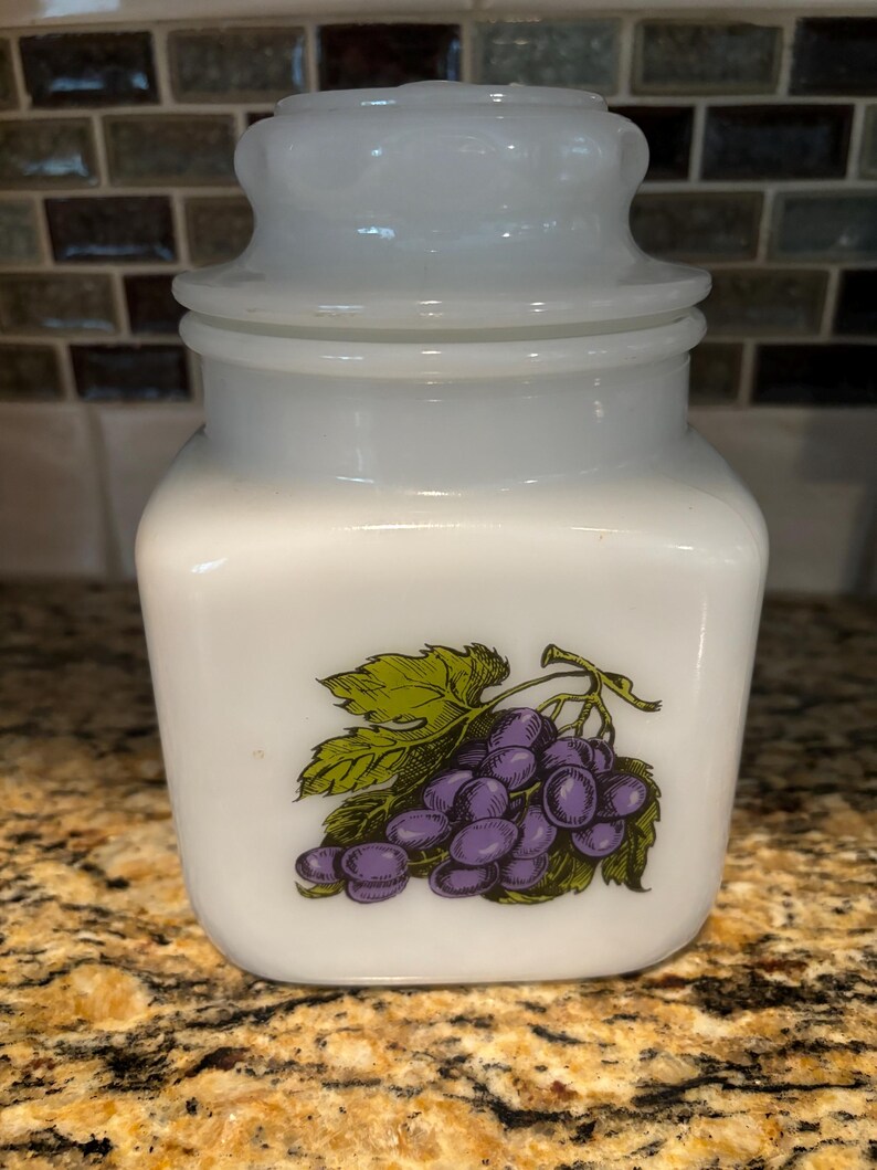 Vintage Milk Glass Canister With Grape Design and Sunburst Lid - Etsy