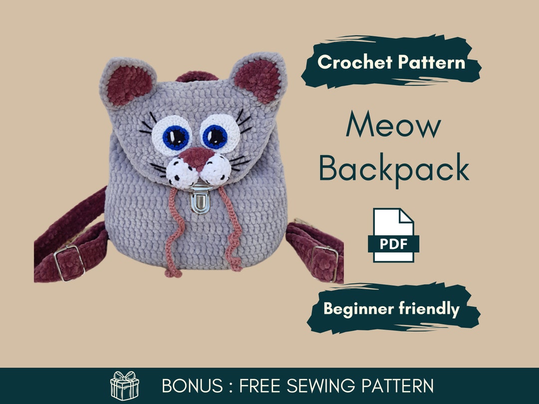 Meow Cat Backpack Crochet Pattern Fluffy Animal Backpack With Straps ...