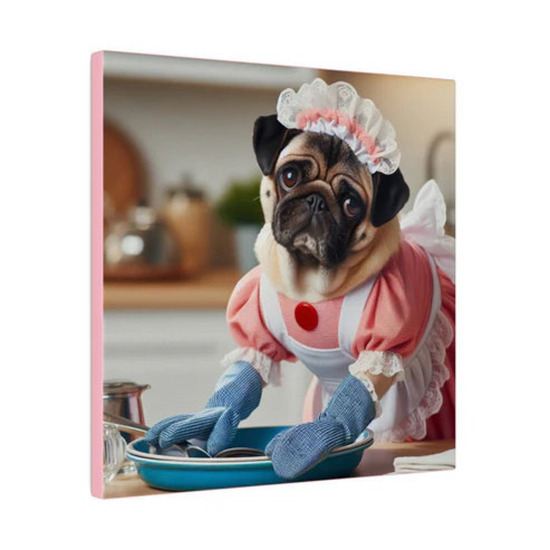 Pug in Pink Maid Outfit Washing Dishes Gifts for Mom Motivational Funny ...