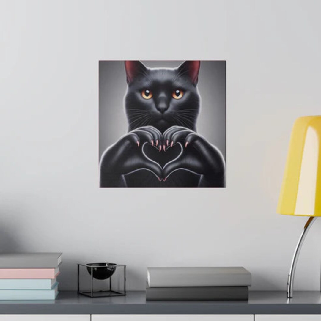 Black Cat Making Heart Hands Funny and Cute Pet Wall Art Canvas A ...
