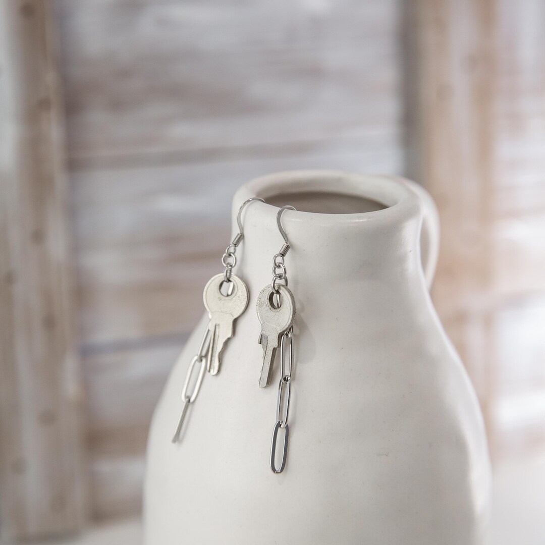 Tiny Vintage Suitcase Key Earrings: Fun & Minimalist - Etsy