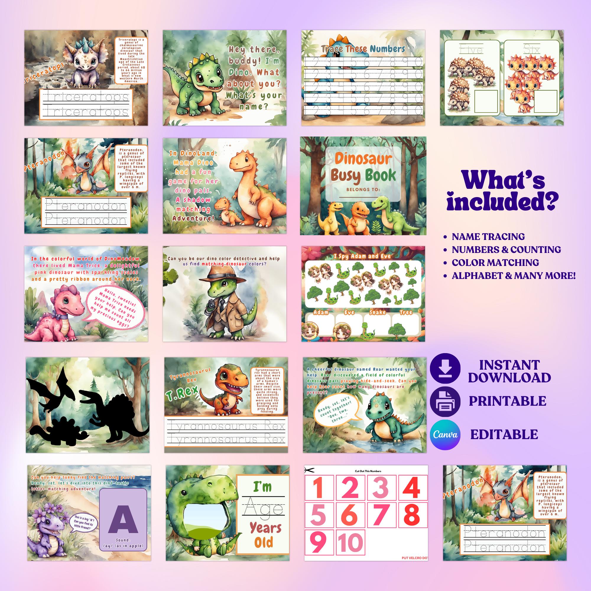 Dinosaur Busy Book - Alphabet, Numbers, Colors Activity Pages, Editable ...