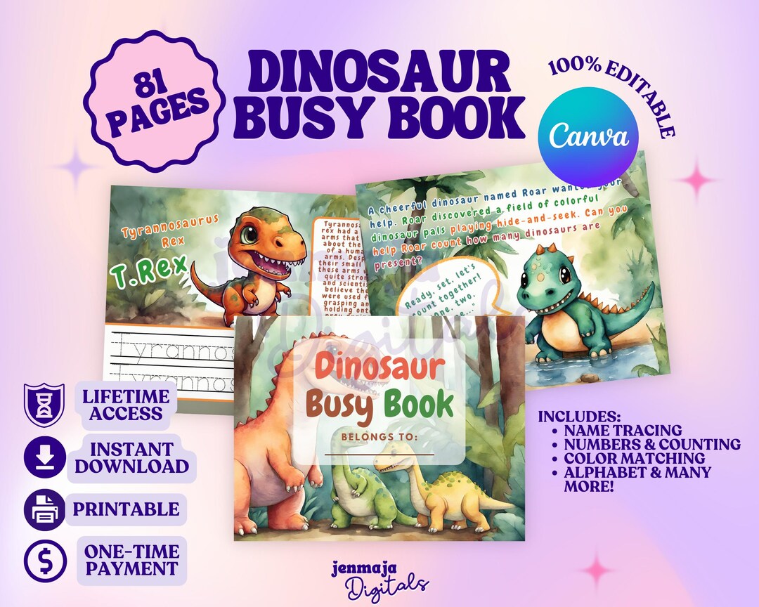 Dinosaur Busy Book - Alphabet, Numbers, Colors Activity Pages, Editable ...