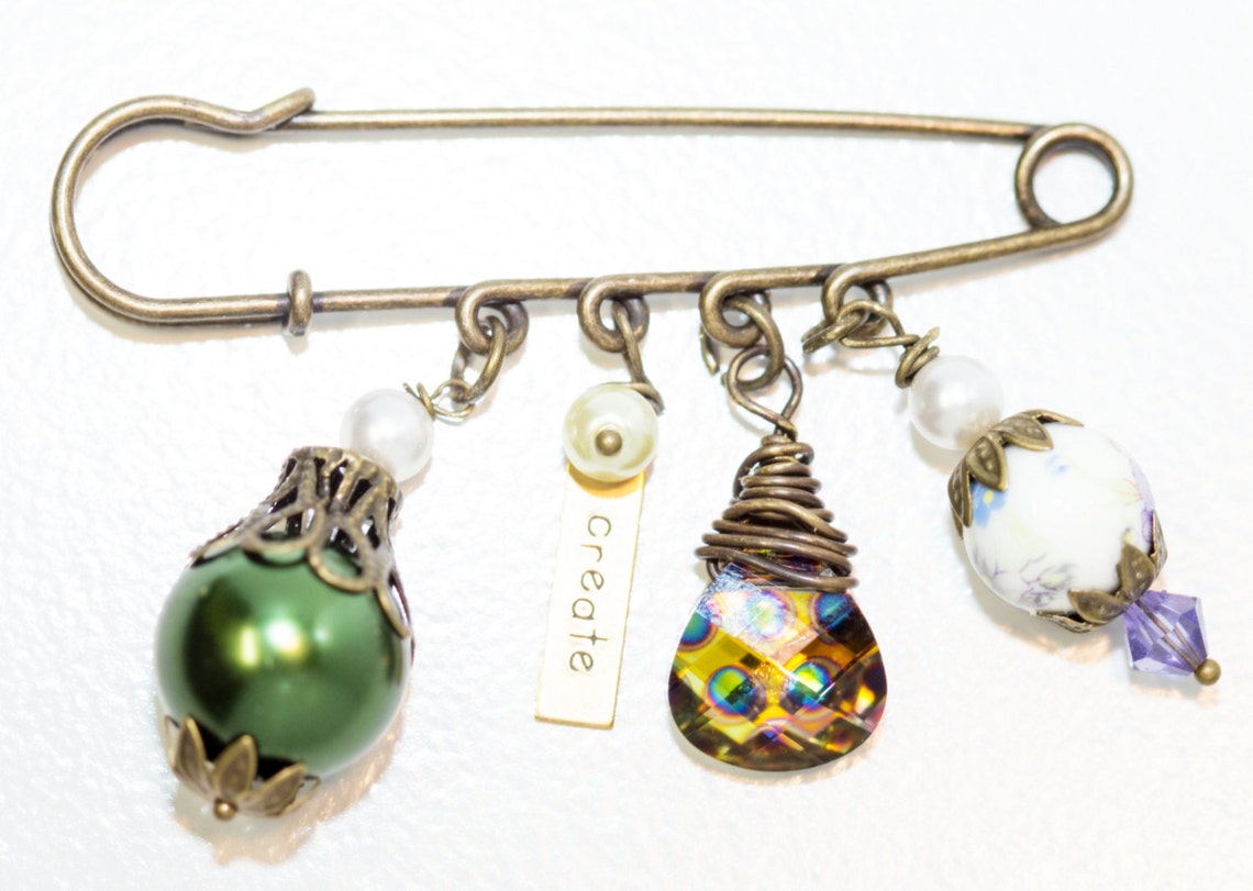 Create Antique Bronze Pin With Glass Pearl, Ceramic Bead and Crystal ...