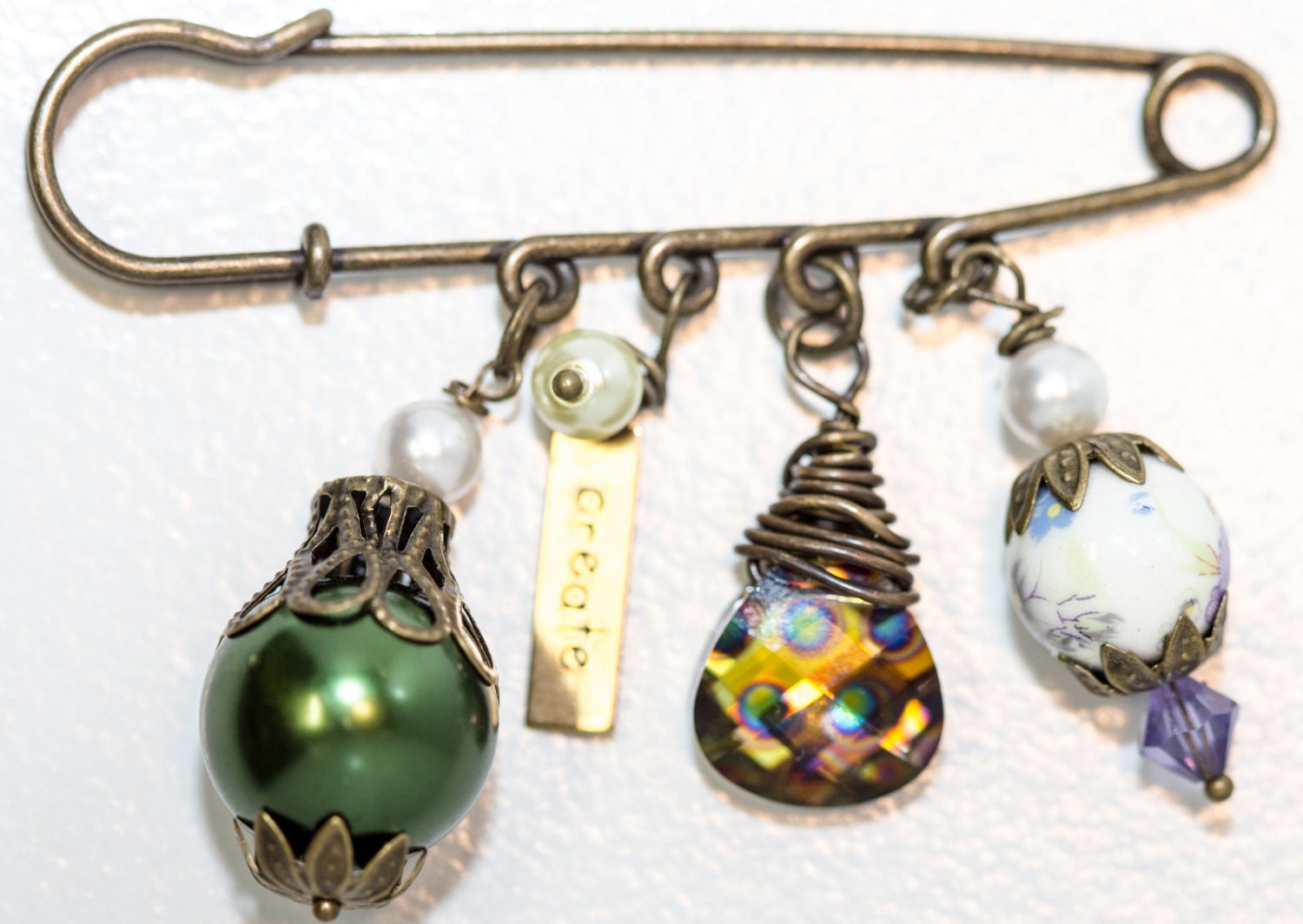 Create Antique Bronze Pin With Glass Pearl, Ceramic Bead and Crystal ...